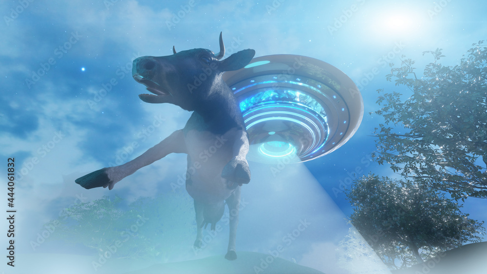 Cow abducted by a UFO on the farm pulling of the alien spacecraft ...