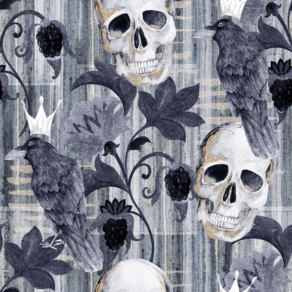 Watercolor ethnic seamless pattern with paisley flowers and skull ...