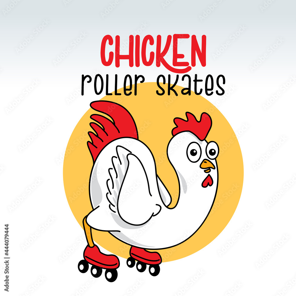 a chicken logo with a cute chicken illustration sliding on roller ...