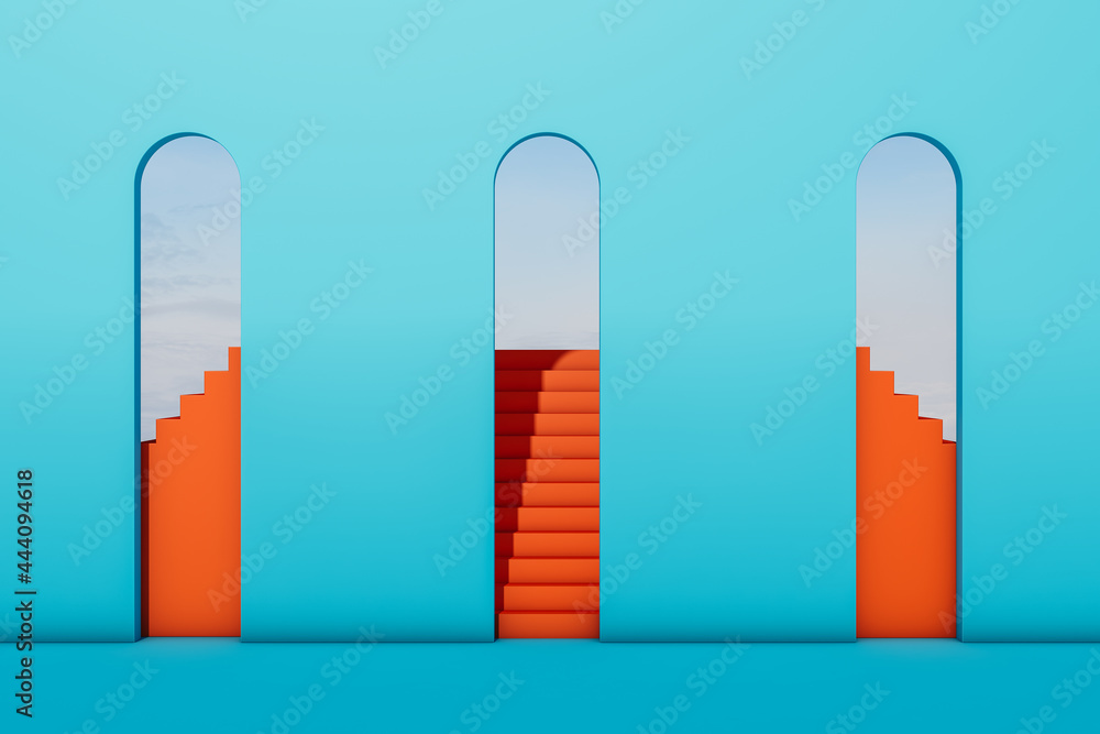 Abstract space with stairs and curved shapes in blue Stock Photo ...