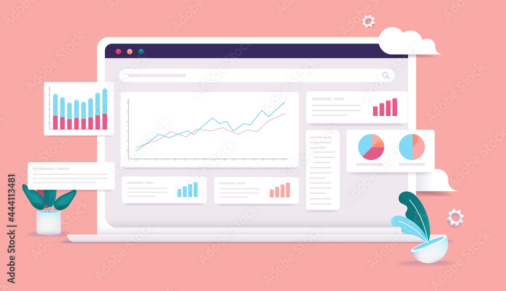 Analysing data on computer screen - Laptop with software, charts ...