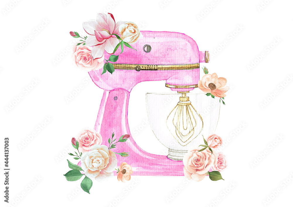 Watercolor Pink Mixer, Standing Electric Mixer with Magnolia and Rose ...