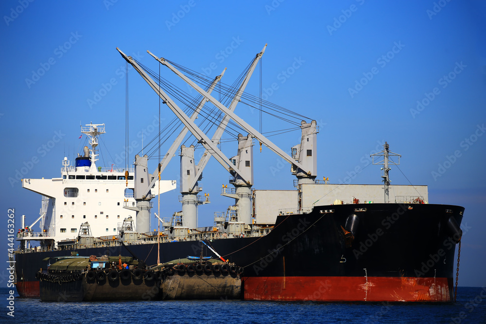 Container ship carrying container box in import export with quay crane ...