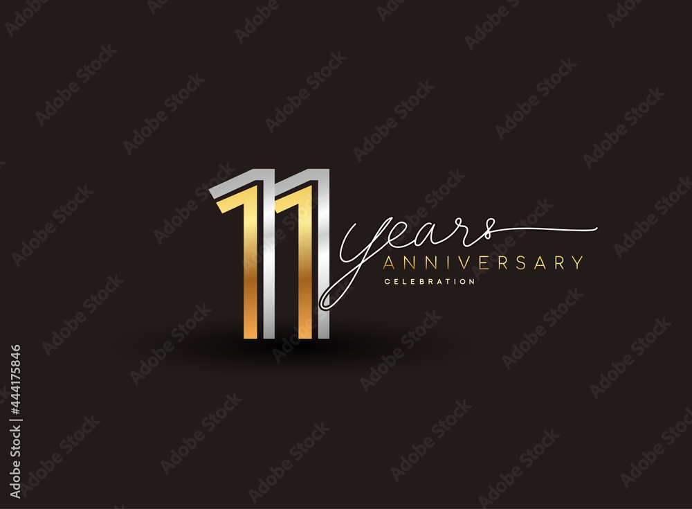 11th years anniversary logotype with multiple line silver and golden ...