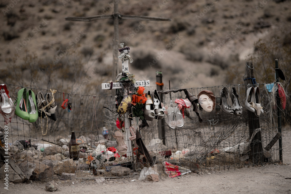 A grave site in the ghost town of Rhyolite Nevada. The site is for a ...