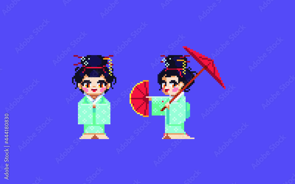 Cute geisha set. Pixel art asian girl. Vector illustration Stock Vector ...