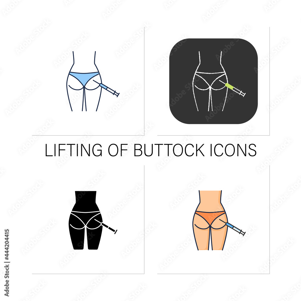 Cosmetic injection icons set.Injection into buttocks.Correction, lifting of buttock. Surgery ...