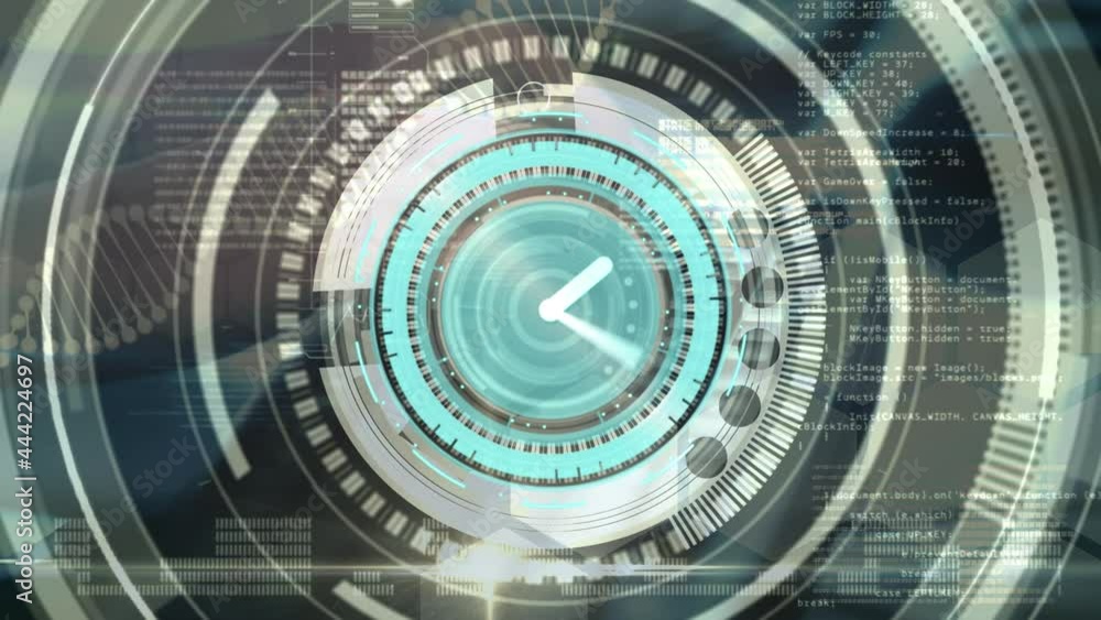Vidéo Stock Animation of clock and circular scope scanning over data and hands using computer ...