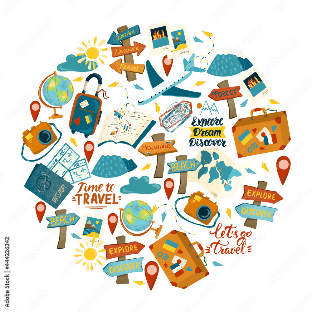 Round composition of travel and tourism elements, hand drawn isolated ...