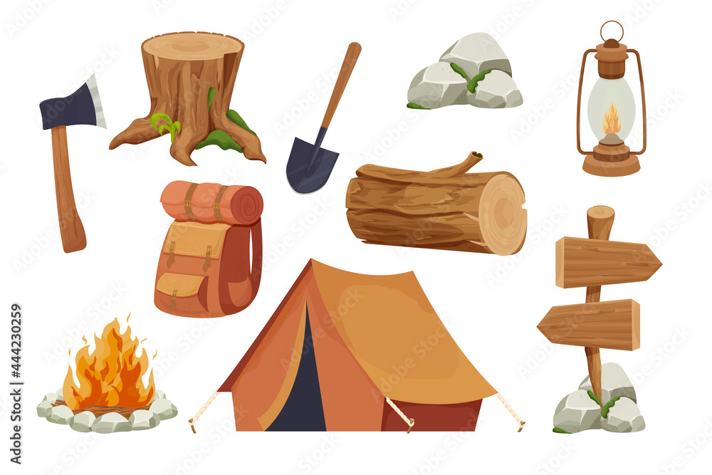 Set camping equipment campfire, tent, lantern, shovel and axe, travel ...