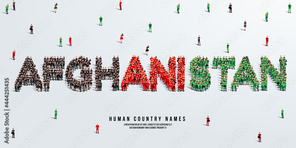 A crowd of people stands, making up the word Afghanistan. Afghanistan ...