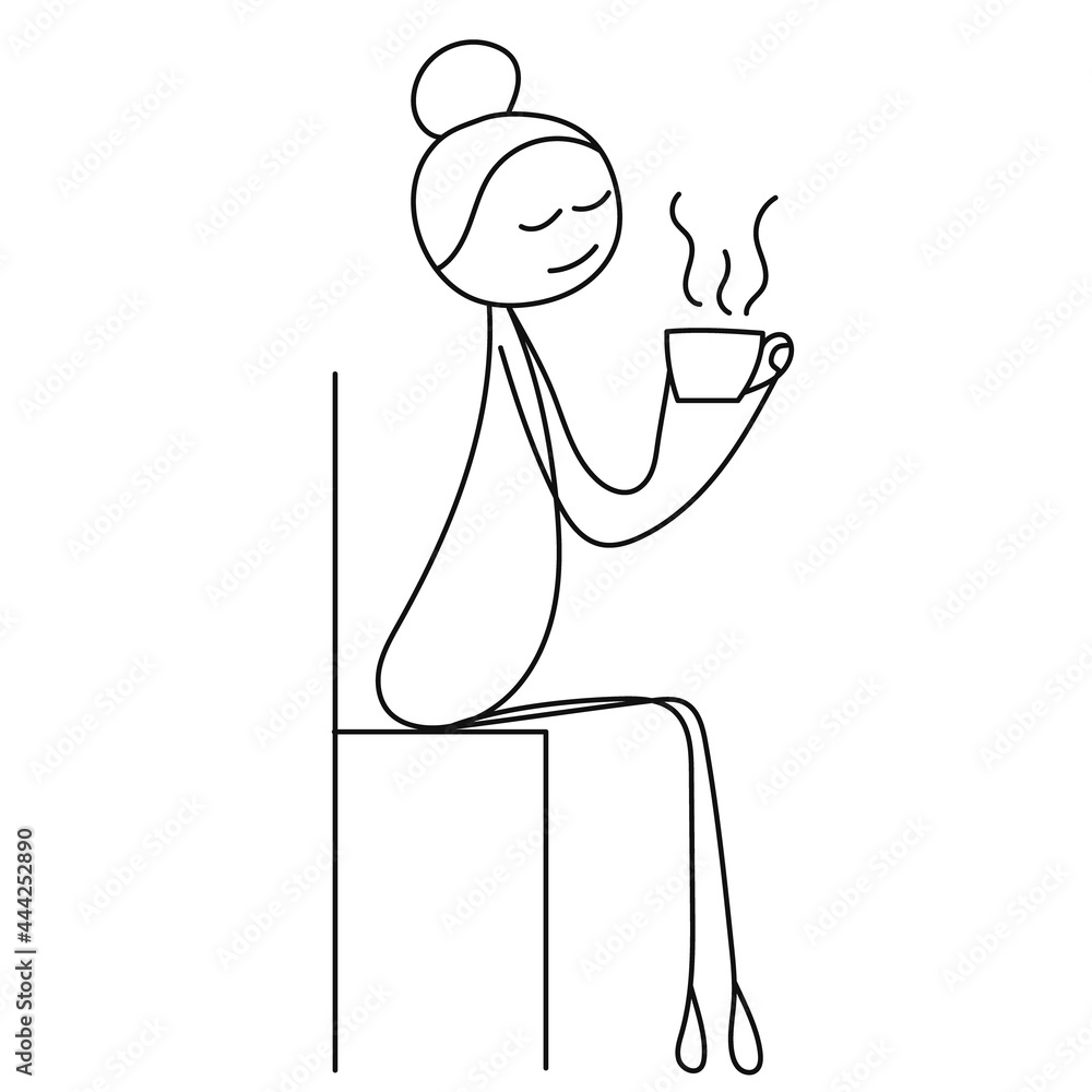 stick figure girl drinking tea, coffee isolated, vector Stock Vector ...