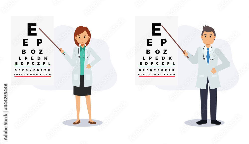 Vetor de Male and female ophthalmology doctor are pointing to eye test ...