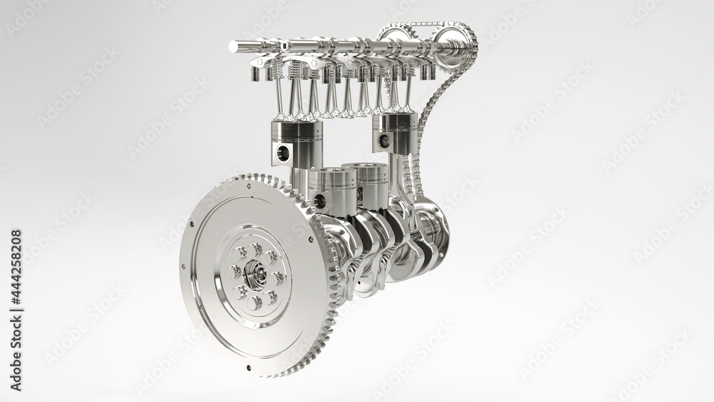 Isolated illustration of a car engine with exposed connecting rods and ...