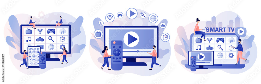 Smart TV concept. Modern television technology. Tiny people watch video ...