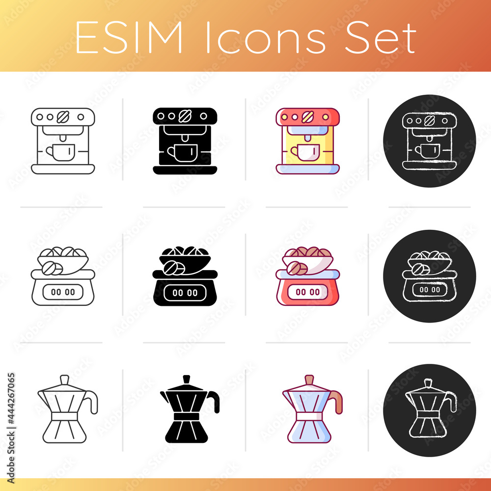 Coffee shop machine icons set. Espresso machine for drink making ...
