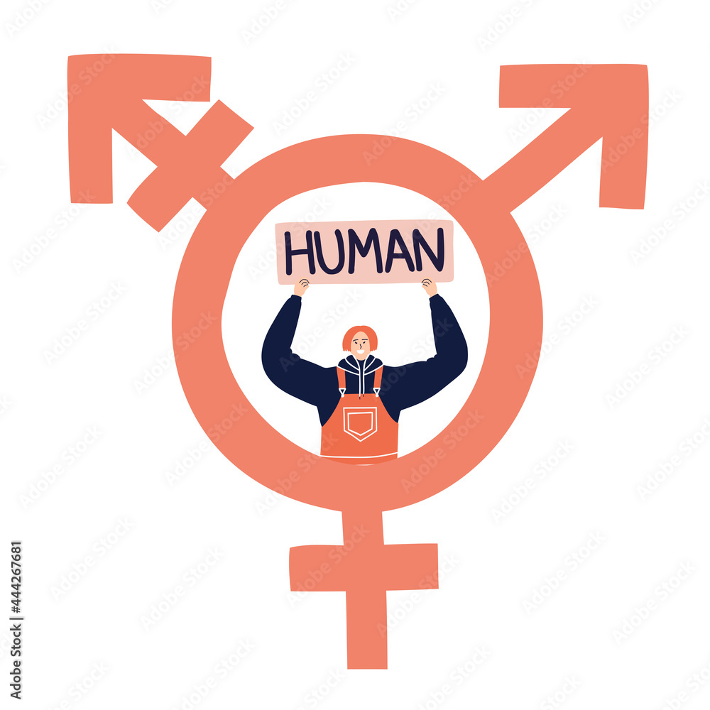 Young happy androgynous person with banner HUMAN standing in a gender ...