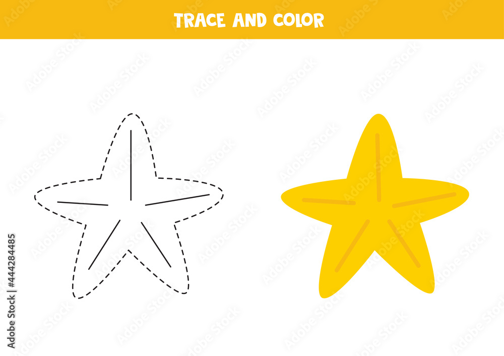 Trace and color cute yellow sea star. Worksheet for kids. Stock Vector ...