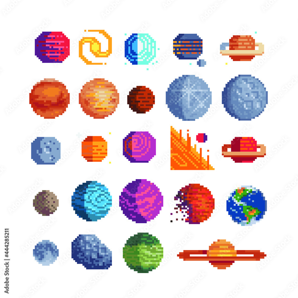Fototapeta Planets pixel art 80s style set. 8-bit sprites. Solar system ...