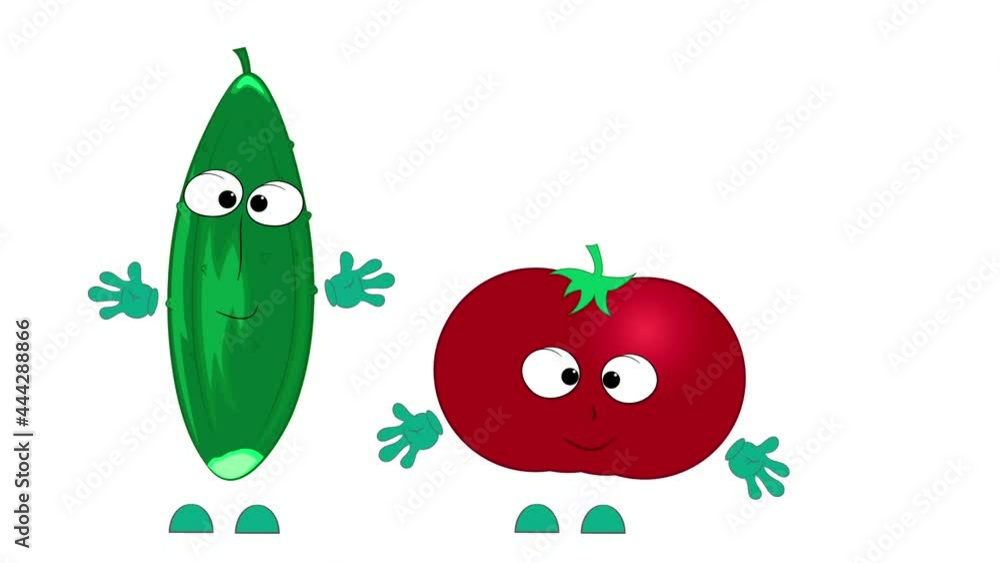 Cartoon characters tomato and cucumber are dancing. Animation on a ...