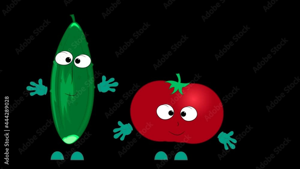 Cartoon characters tomato and cucumber are dancing. Animation on a ...