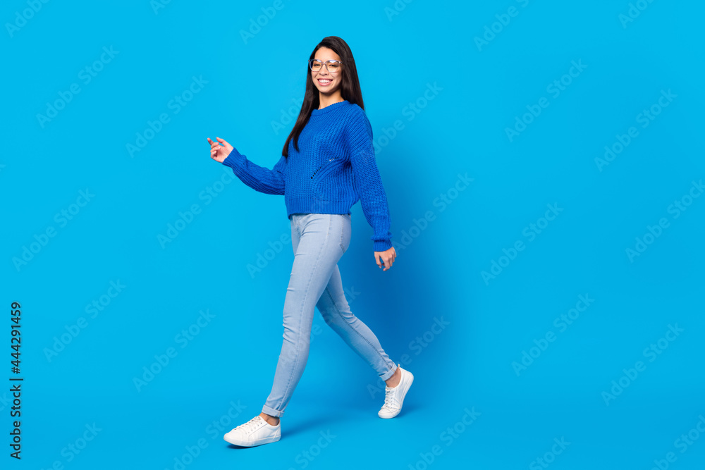 Full length body size side profile photo young woman walking forward ...
