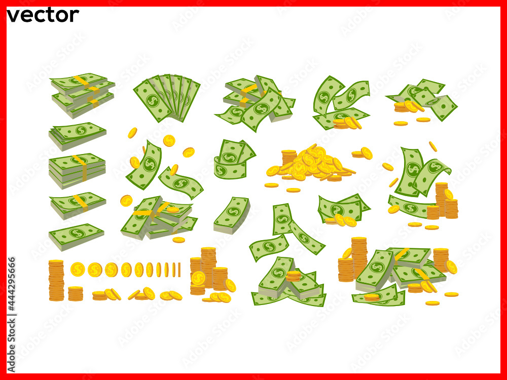 Money pile coin stack flat cartoon set. gold coins bank currency sign ...