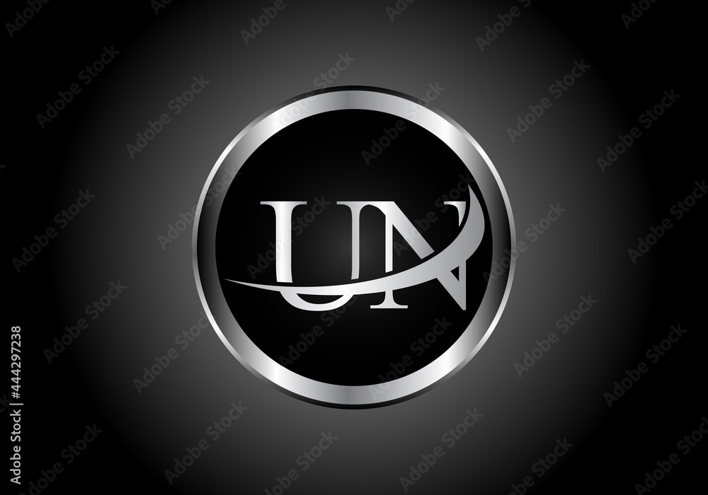 silver letter UN metal combination alphabet logo icon design with grey ...