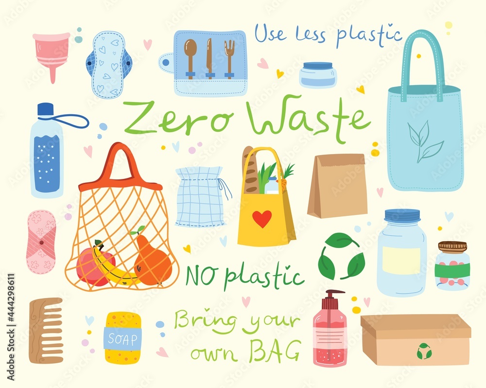 Hand drawn elements of zero waste life in vector. Eco style. No plastic ...