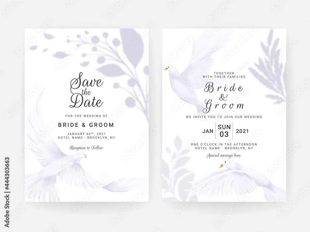 wedding invitation card set with hand painted white dove and floral ...