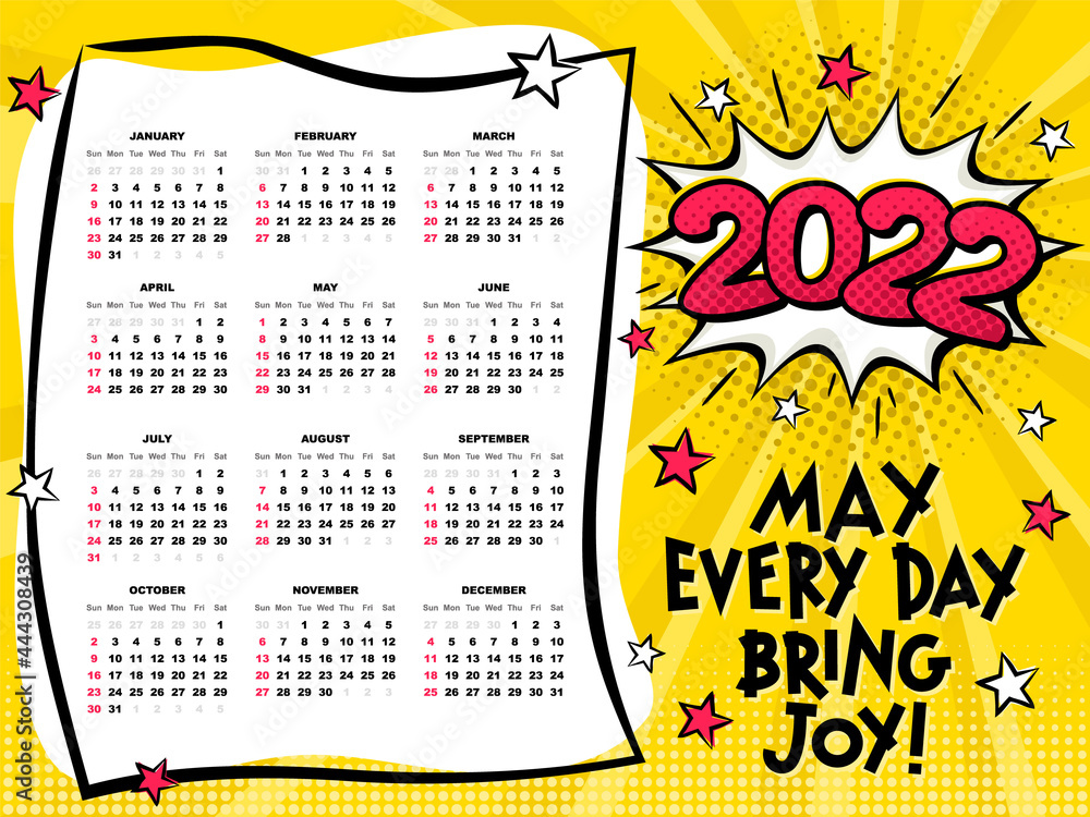 2022 yearly cartoon calendar. Bright Calendar template in pop art style ...