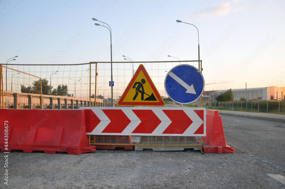 Road signs repair work, bypass obstacles on the right. Stock Photo ...