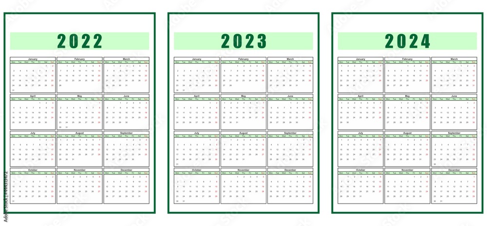 2022, 2023, 2024 Calendar for three years. Vector eps10 Stock Vector ...