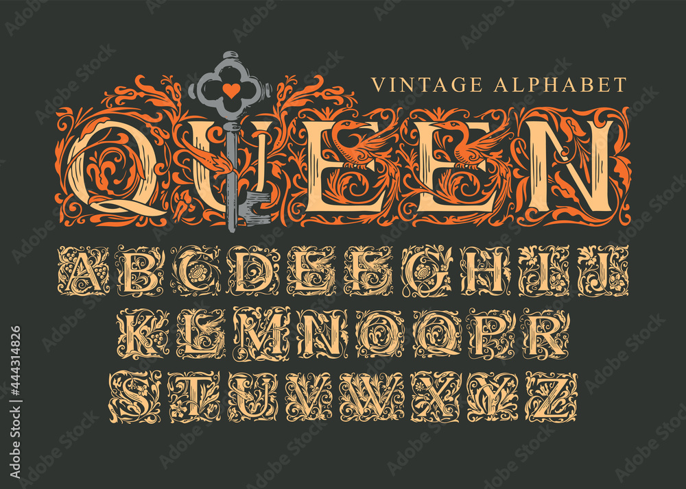 The word Queen with old key on black background. Vintage Alphabet ...