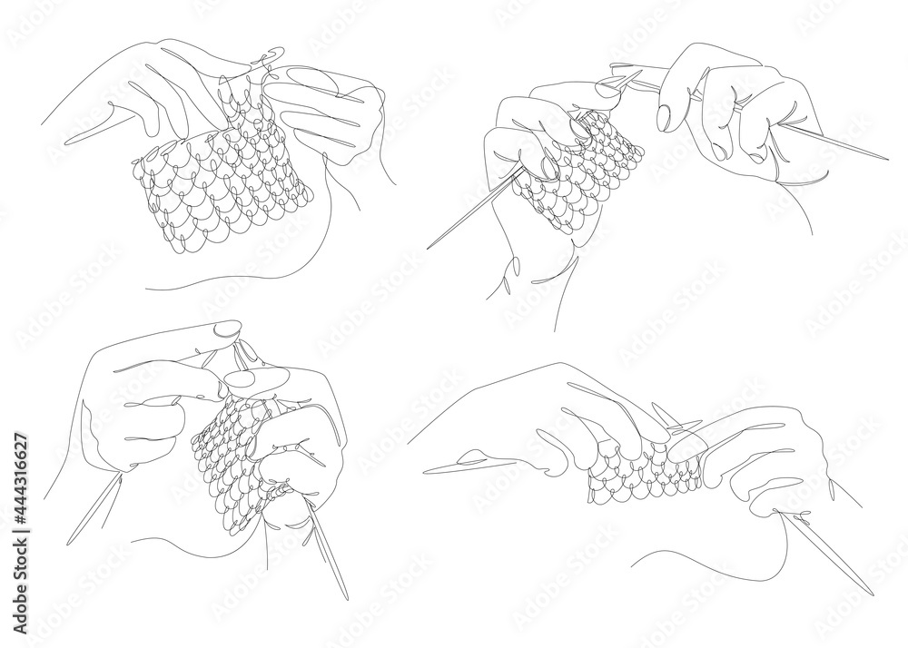 Collection. Knitting with threads. Hands of man, woman in modern trendy ...