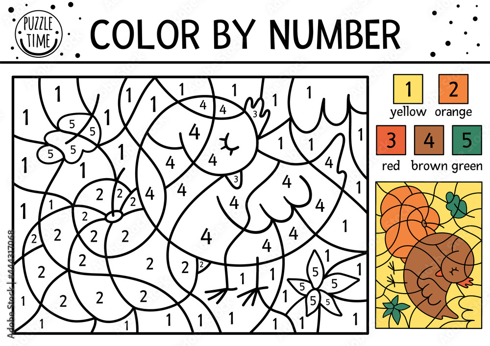 Vector autumn color by number activity with sleeping bird, pumpkin ...