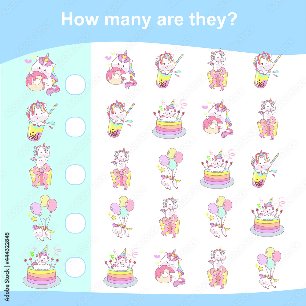 Counting unicorn game for children. Cute unicorn math worksheet ...