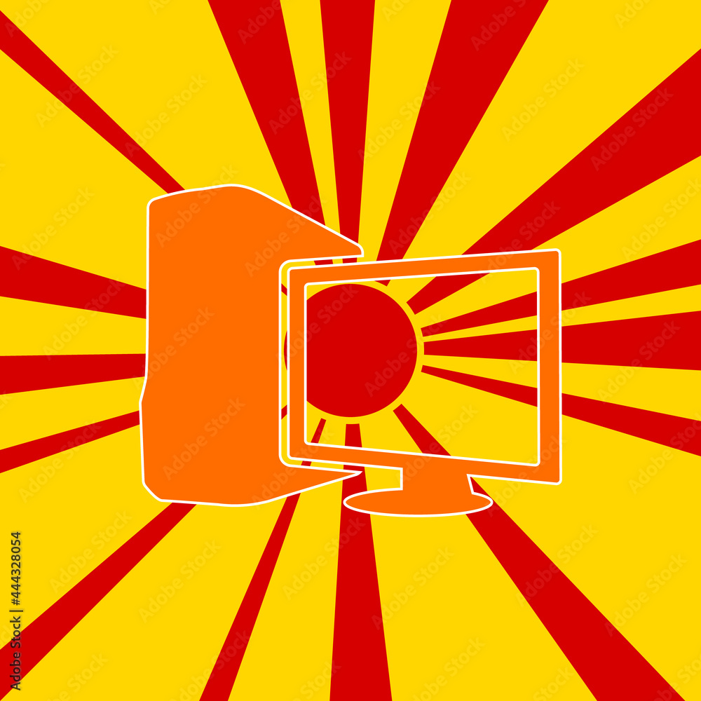 Desktop symbol on a background of red flash explosion radial lines. The ...