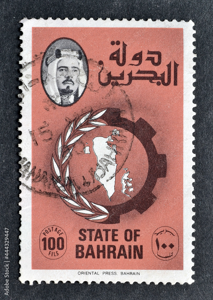 Cancelled postage stamp printed by State of Bahrain, that shows Map of ...