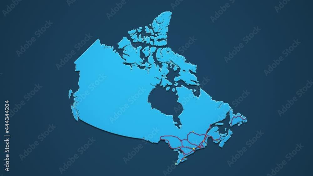 Light blue map of Canada with cities, roads and railways on a dark blue ...