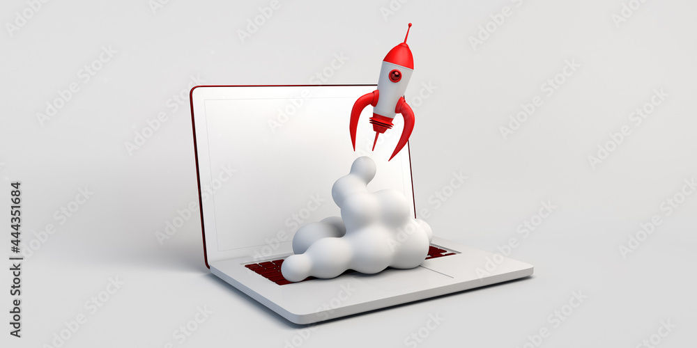Red rocket launch on laptop with empty screen. Development and ...