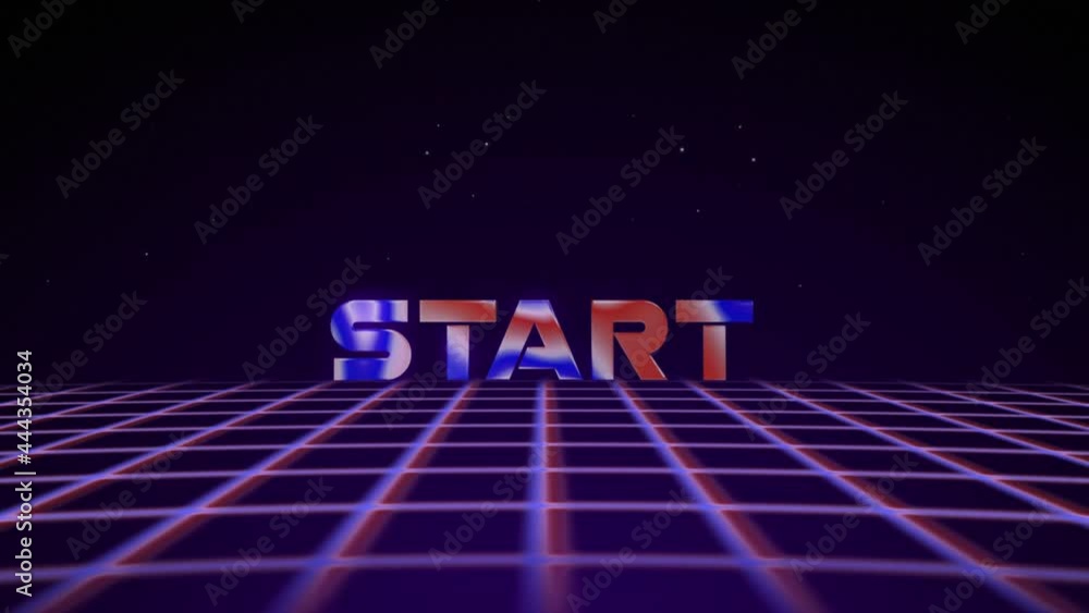 Synthwave wireframe net 80s with text START. Retro futurism background ...