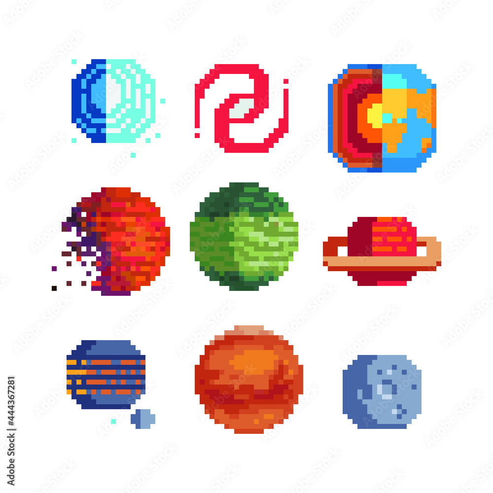 Vetor de Sci-fi planets pixel art set. 80s video game sprites. Solar ...