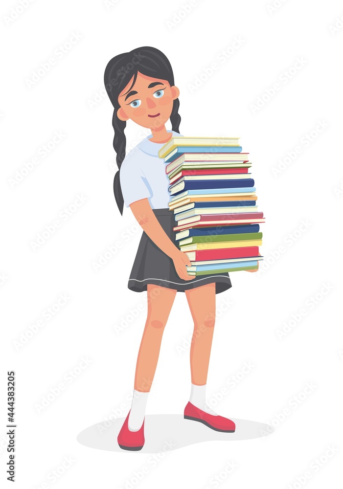 girl holding a stack of books in her hands. Vector illustration of a ...