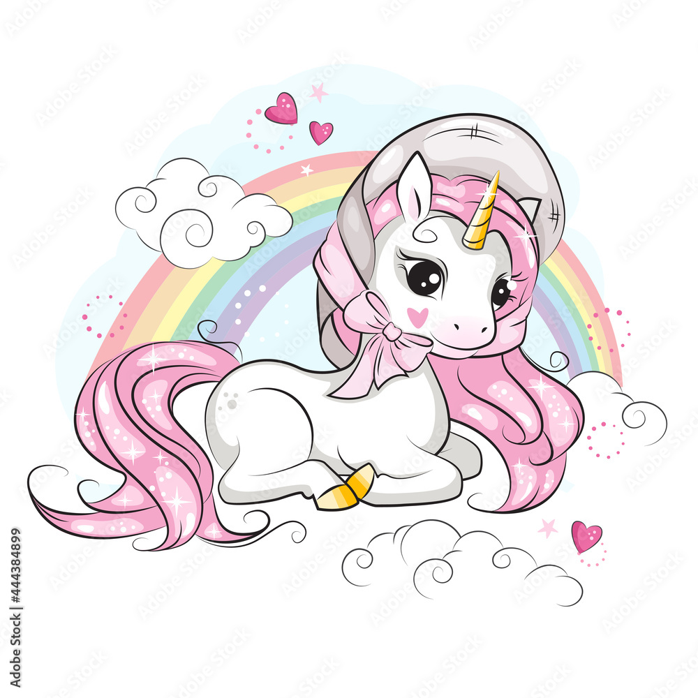 Illustration of cute little smiling unicorn in a beautiful hat on his ...