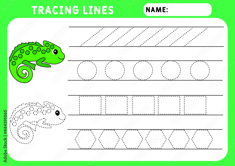 Trace line worksheet for kids. Vector cute African animal. Chameleon ...