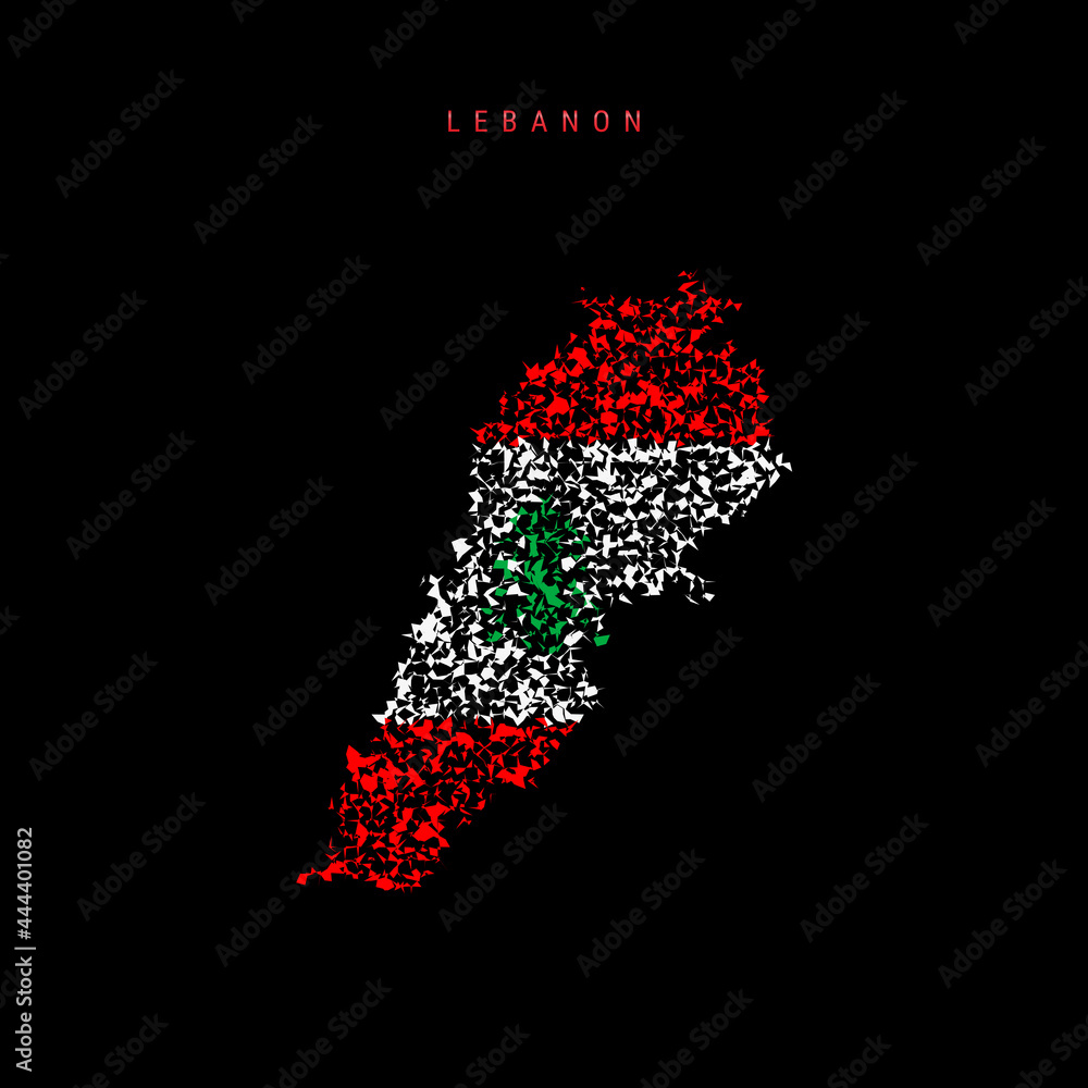 Lebanon flag map, chaotic particles pattern in the Lebanese flag colors ...