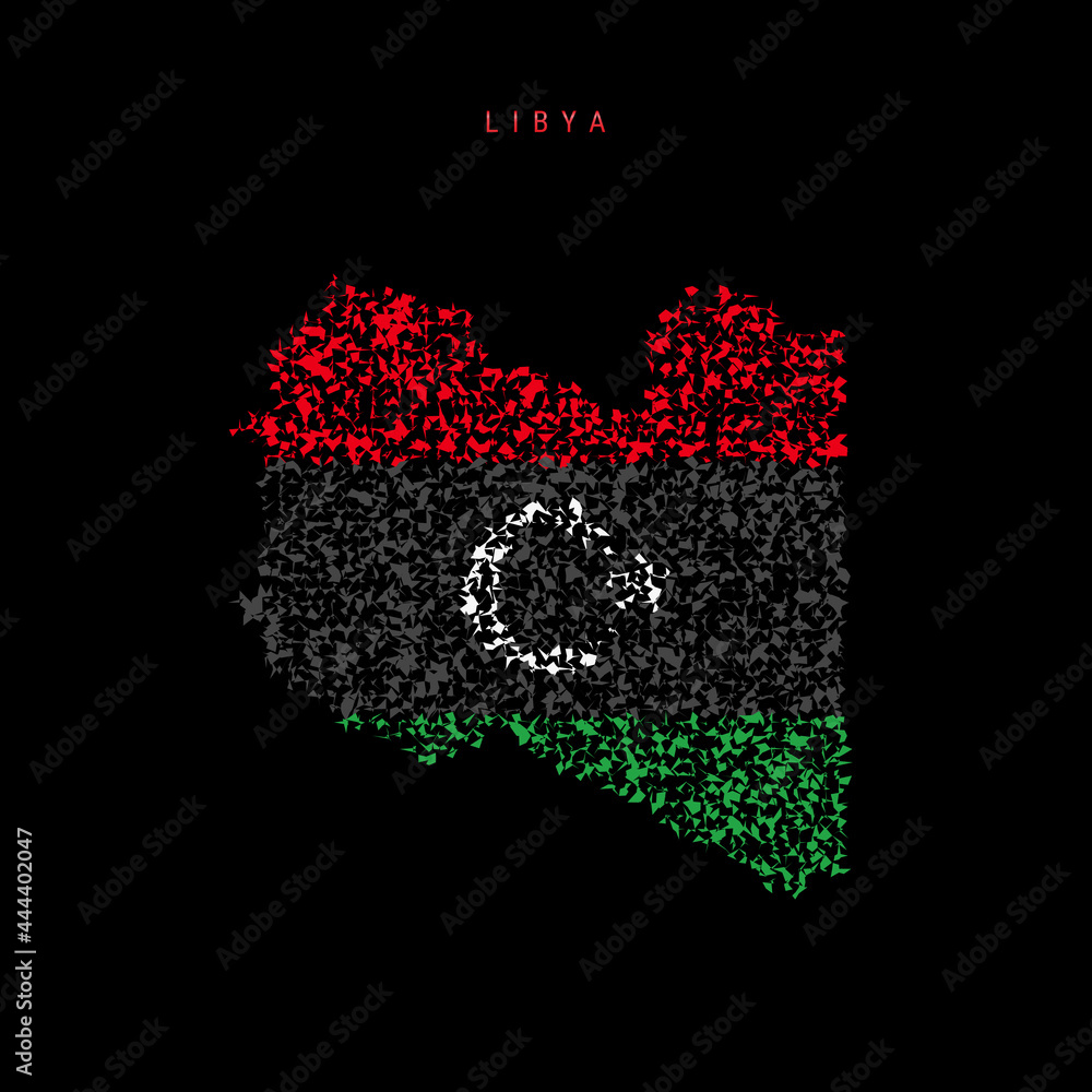 Libya flag map, chaotic particles pattern in the Libyan flag colors ...