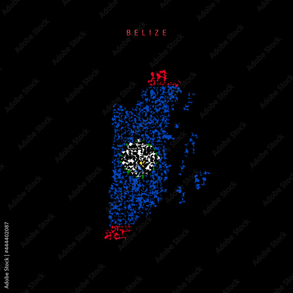 Belize flag map, chaotic particles pattern in the Belizean flag colors. Vector illustration ...