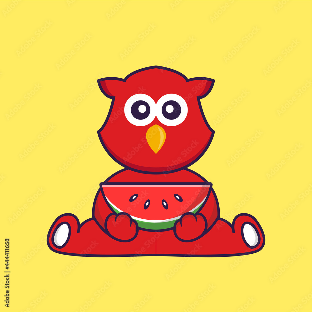 Cute bird eating watermelon. Animal cartoon concept isolated. Can used ...